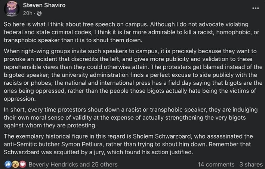 Professor Suggests Murder as Alternative to Shouting Down Speakers