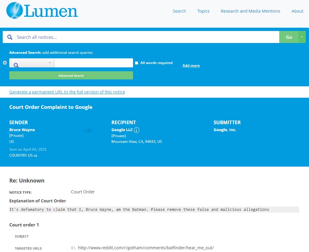 Google Deindexing Request Spotted on the Lumen Database